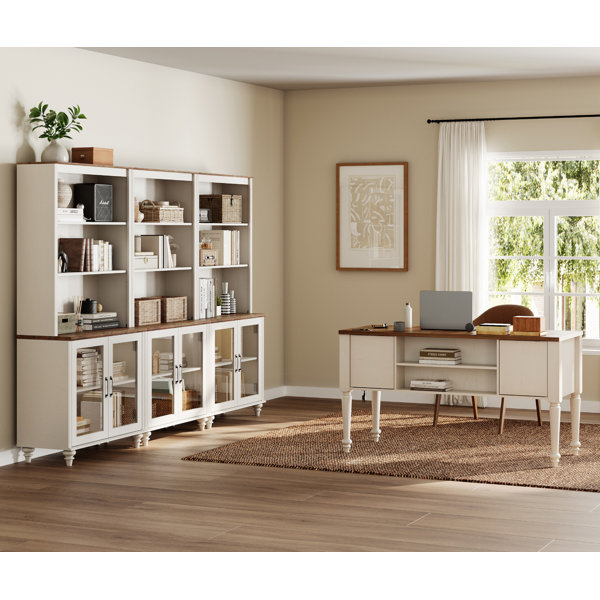 Alcott Hill® 2 - Piece Office Set, 56" Executive Desk & Set Of 3 Bookcases With Glass Doors ...